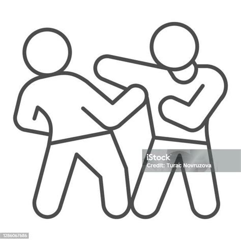 산적 얇은 라인 아이콘 자기 방어 개념에서 자신을 방어 하는 남자 회피 흰색 배경에 머리 기호에 타격 범죄 공격 남자 아이콘