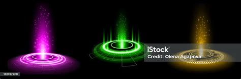 색상 홀로그램 포털 매직 판타지 포털 홀로그램 효과매직 서클 텔레포트 연단 클라크 아크그라운드에 불꽃이 있는 벡터 광선 벡터에 대한 스톡 벡터 아트 및 기타 이미지 Istock