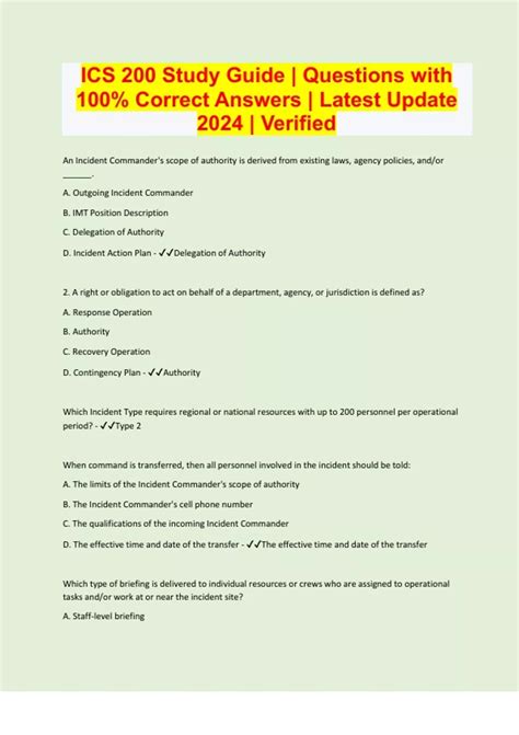 ICS 200 Study Guide Questions With 100 Correct Answers Latest
