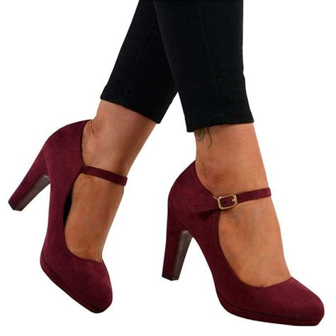 Chellysun Womens Mary Jane Pumps Ankle Strap Buckle Round Toe Mid Heel Bowtie Office Shoes