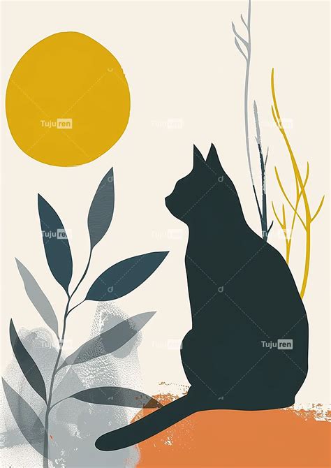 猫极简主义简单线条平淡的色彩极简主义。希腊艺术画波西米海报素材模板下载 图巨人