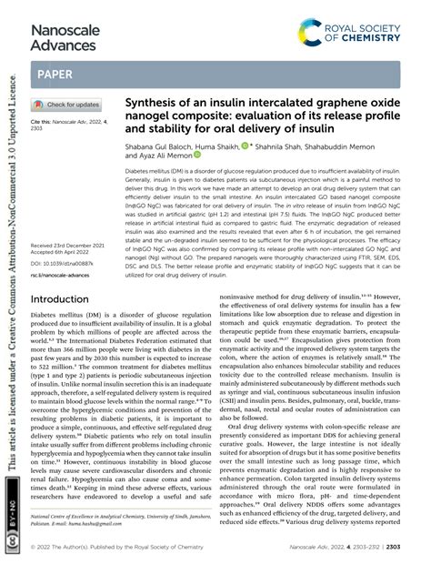 Pdf Synthesis Of Insulin Intercalated Graphene Oxide Nanogel