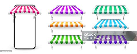 상점 차양과 금속 마운트가 있는 스마트폰 온라인 인터넷 쇼핑 현실적인 줄무늬 카페 차양 야외 시장 텐트 지붕 캐노피 여름 거리 상점 벡터 그림 가리기에 대한 스톡 벡터 아트