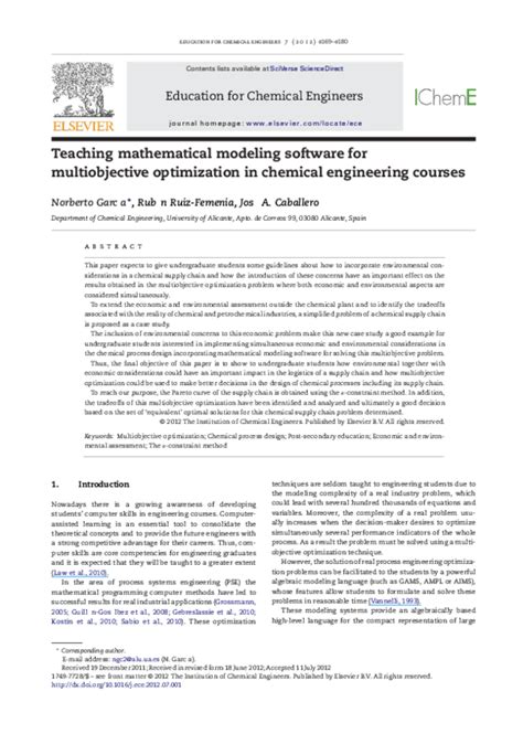 Pdf Teaching Mathematical Modeling Software For Multiobjective Optimization In Chemical