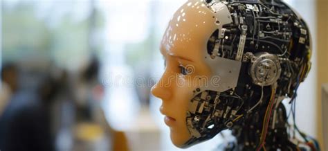 Realistic Humanoid Robot Head Showcasing Advanced Technology And Intricate Circuitry Copy Space