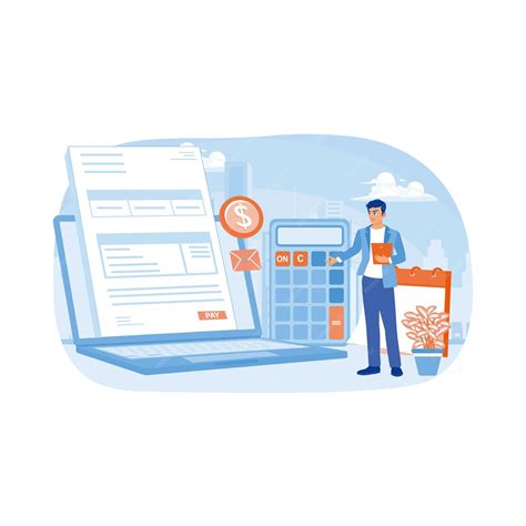 Man Calculating Salary With A Calculator The Employee Gets Salary Invoice Paper On The Laptop