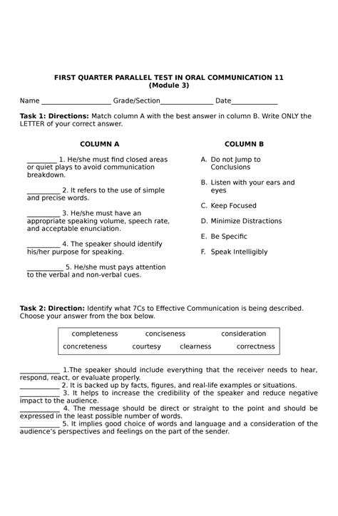 Q1 Parallel Test For M3 G11 First Quarter Parallel Test In Oral
