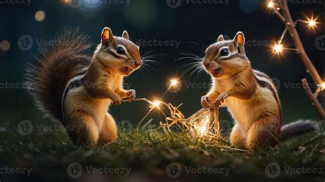 Two Chipmunks Playfully Interact With Twinkling Lights In A Nighttime