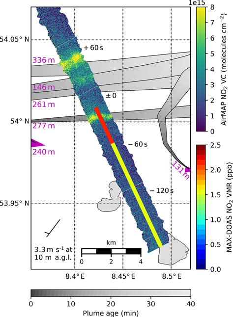 Map Showing The Max Doas Path Averaged Vmrs Colored Lines And Airmap