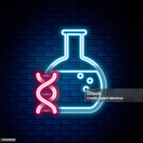 벽돌 벽 배경에 고립 된 검색 아이콘 빛나는 네온 라인 Dna 연구 유전 공학 유전학 검사 복제 친자 확인 테스트 다채로운 개요 개념 벡터 0명에 대한 스톡 벡터 아트 및