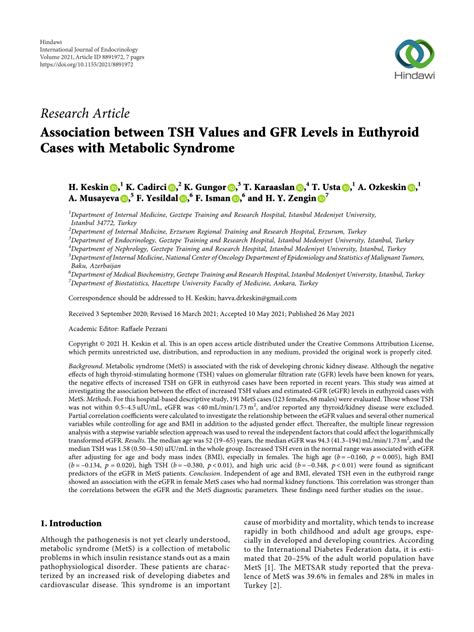 Pdf Association Between Tsh Values And Gfr Levels In Euthyroid Cases With Metabolic Syndrome