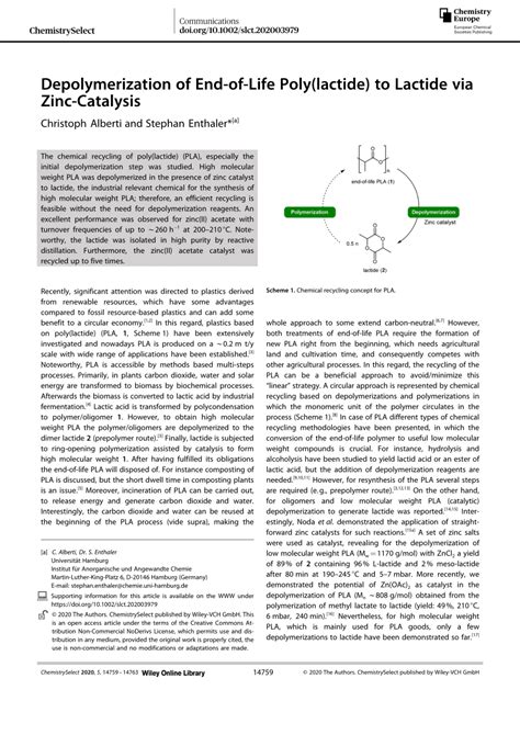 Pdf Depolymerization Of End‐of‐life Polylactide To Lactide Via Zinc