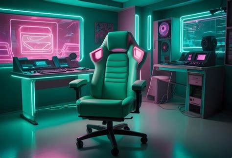 A Computer Room With A Green Chair And A Monitor With The Back Lit Up