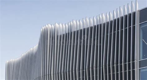 Modern Building Facade With A Wavy Pattern Of Vertical Silver Fins