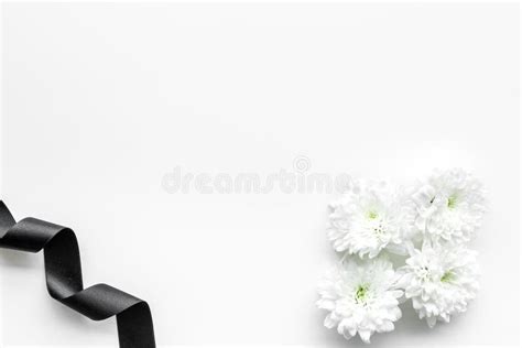 Funeral Symbols White Flower Near Black Ribbon On White Background Top