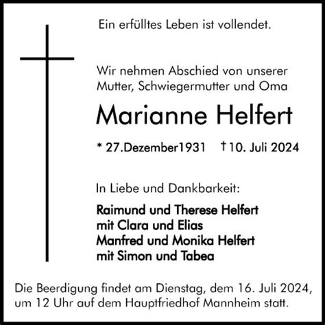Traueranzeigen Von Marianne Helfert Trauerportal Ihrer Tageszeitung