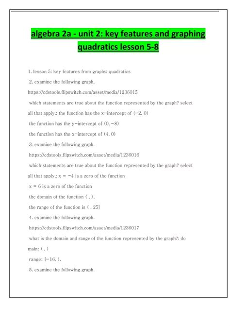 Algebra 2a Unit 2 Key Features And Graphing Quadratics Lesson 5 8 Practice 2025 Algebra 2a