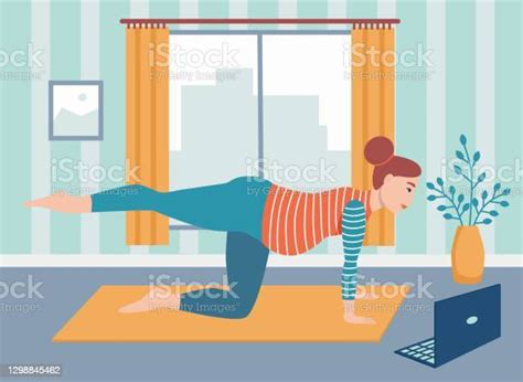 임산부는 온라인에서 집에서 요가를 합니다 일상 활동과 일상 생활의 개념 온라인 스포츠와 요가 검역 플랫 만화 벡터 일러스트레이션