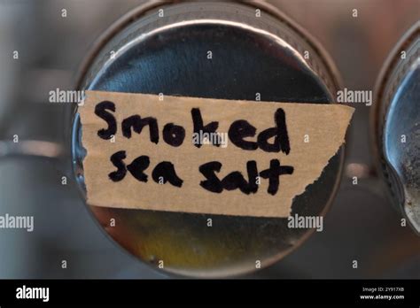 Spice Rack Close Up Of Smoked Sea Salt Container With Masking Tape