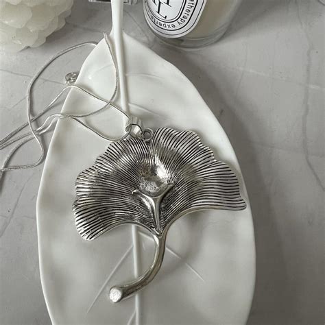 Silver Large Biloba Leaf Pendant Necklace On A Depop