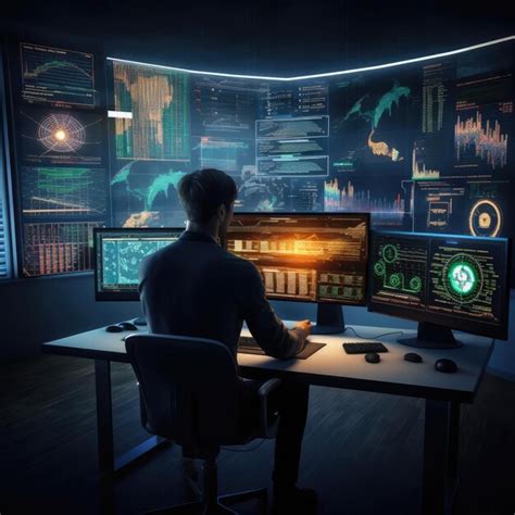 Cryptocurrency Trader Sitting At Computers Premium AI Generated Image