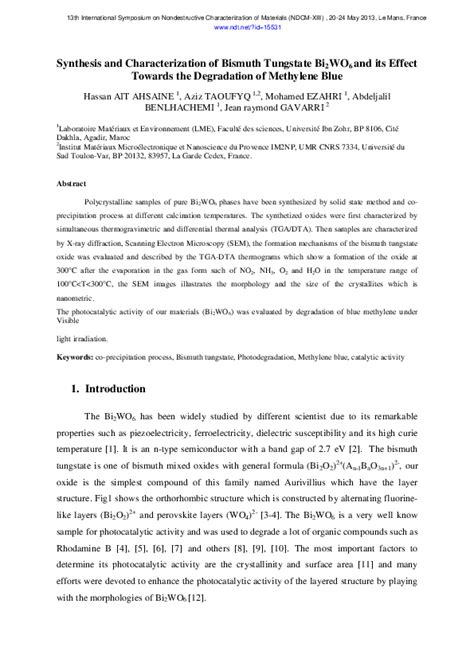 Pdf Synthesis And Characterization Of Bismuth Tungstate Bi2wo6 And Its Effect Towards The