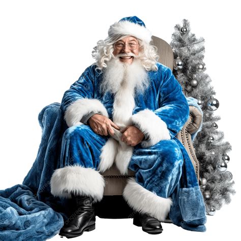 파란 모피 코트를 입은 재미있는 산타클로스가 그의 집 크리스마스 트리 옆에 앉아 있다 아버지 크리스마스 산타 선물 크리스마스 방 Png 일러스트 및 이미지 에 대한