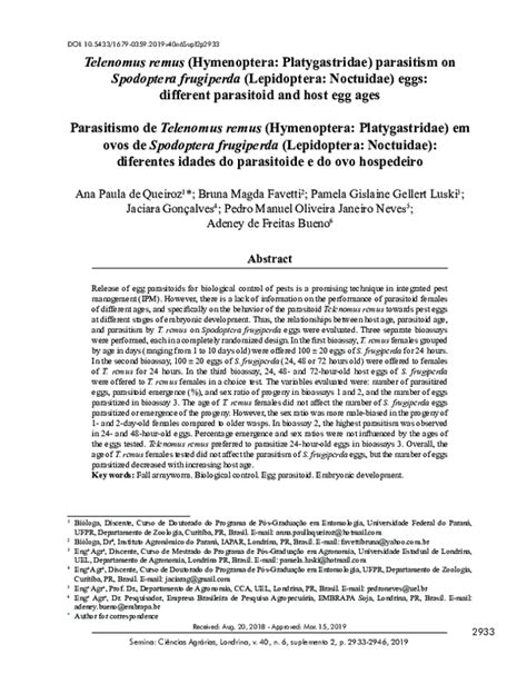 Pdf Telenomus Remus Hymenoptera Platygastridae Parasitism On