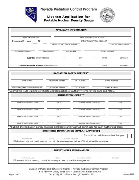 Nevada License Application For Portable Nuclear Density Gauge Nevada Radiation Control Program