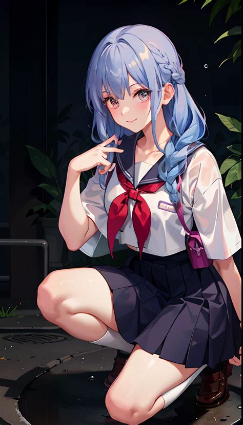 Anime Girl Kneeling Down With Blue Hair And A Red Tie Seaart Ai