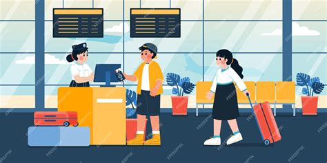 Premium Vector People Queue For Check In With Luggage And Passport In