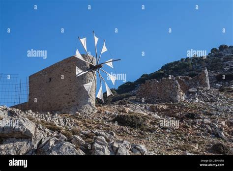 Windmills Made Of Stone Located On A Hill In Pinakaino Lasithi