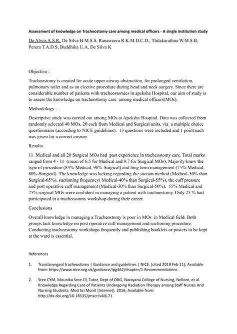 Pdf Assessment Of Knowledge On Tracheostomy Care Among Medical