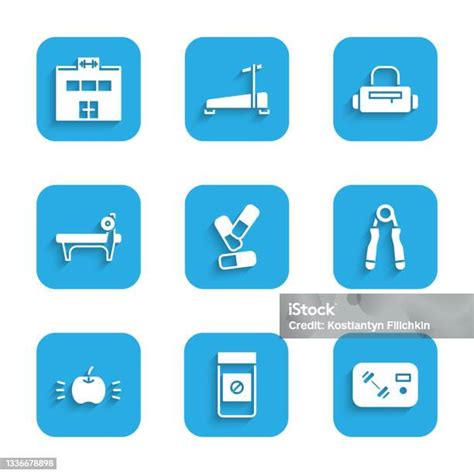 세트 비타민 알 약 단백 동화 약물 피트니스 클럽 체육관 카드 스포츠 익스팬더 애플 바벨벤치 가방 및 체육관 건물 아이콘 벡터