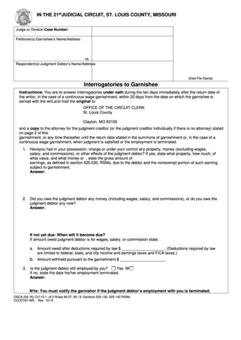 Fillable Osca 04 16 Cv110 Interrogatories To Garnishee Printable