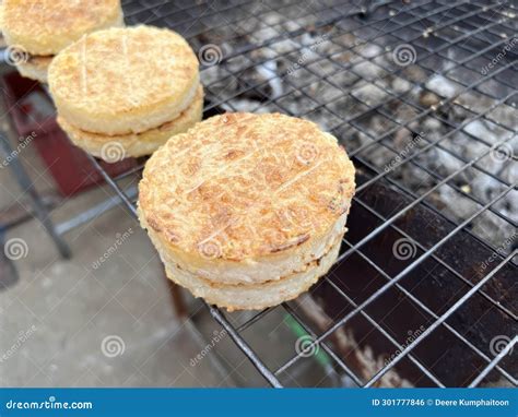Grilled Sticky Rice Dipped In Egg Sticky Rice Street Thai Food Winter