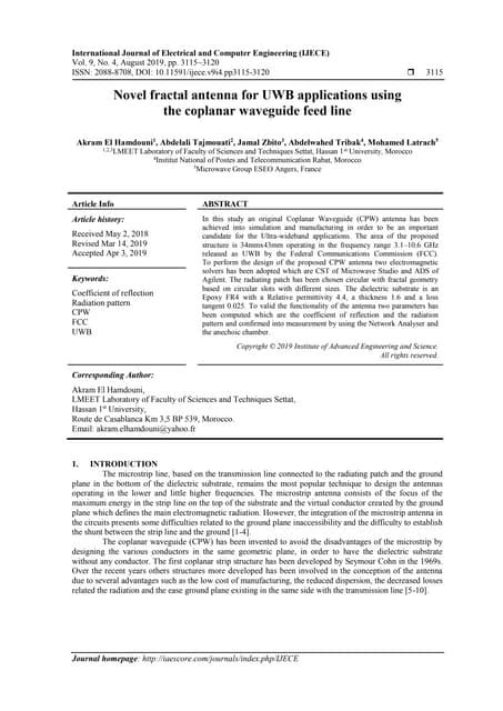 Novel Fractal Antenna For Uwb Applications Using The Coplanar Waveguide Feed Line Pdf