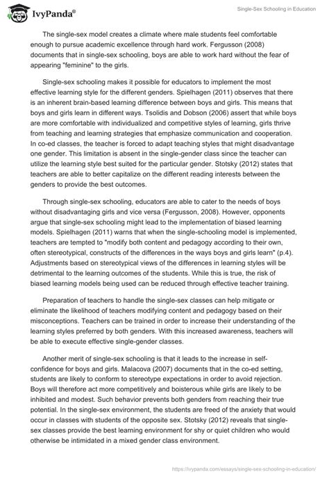 Single Sex Schooling In Education 1448 Words Research Paper Example