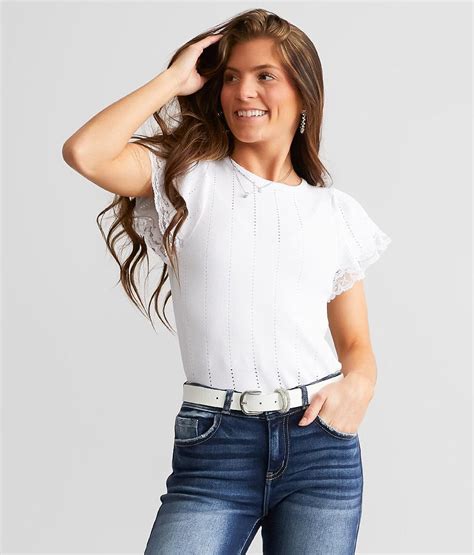 A Peach Lace Trim Top Womens Shirts And Blouses In White Buckle