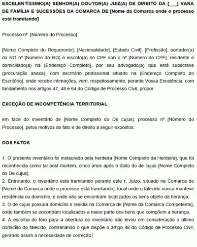 Referência para uma Petição de Exceção de Incompetência Territorial