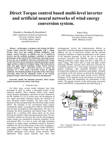 Pdf Direct Torque Control Based Multi Level Inverter And Artificial Neural Networks Of Wind