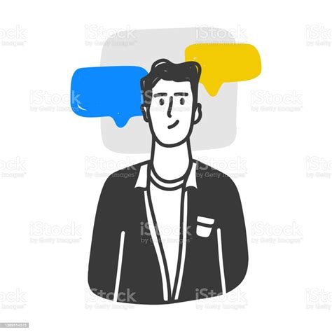 빈 연설 거품을 들고 있는 한 청년 손으로 그린 낙서 디자인 개념에 대한 스톡 벡터 아트 및 기타 이미지 개념 공란 구름