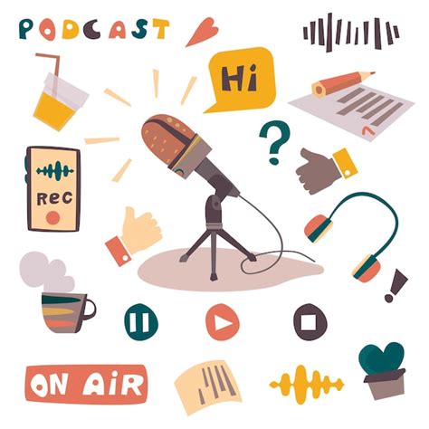팟캐스트 컨셉 생방송 온에어 마이크 방송 테마가 있는 팟캐스트 배경 아이소메트릭 벡터 일러스트 레이 션 온라인