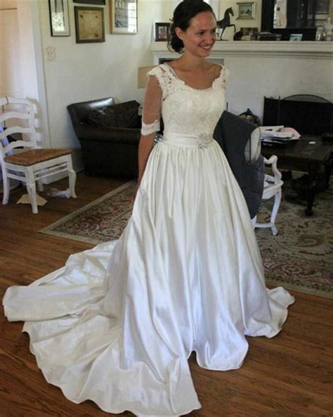Illusion Half Sleeve Lace Top A Line Wedding Dress With Scoop Neckline