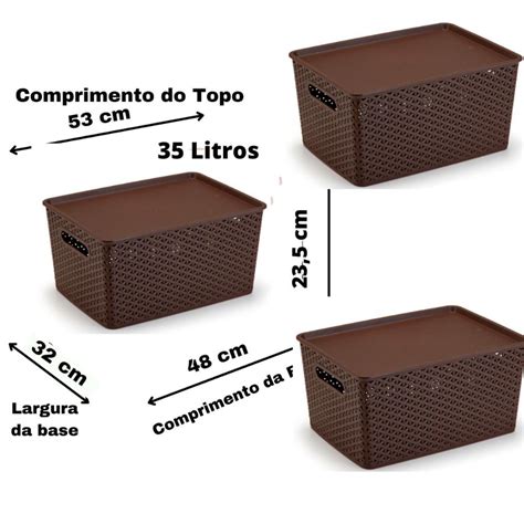 Conjunto 3 Caixas Organizadoras Rattan Grande 35 Litros Tampa Marrom Camicado