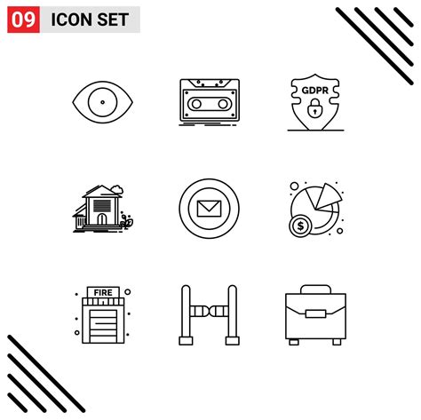 Editable Vector Line Pack Of 9 Simple Outlines Of Office Apartment Record House Security