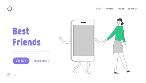 가젯 및 네트워킹 중독 방문 페이지 템플릿 젊은 웃는 여자는 손으로 거대한 스마트 폰 손으로 함께 걸어 여성 캐릭터 위험한 습관 가젯 매니아 선형 벡터 일러스트레이션 개념에