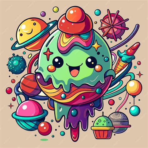 Cute Kawaii Blob And Swirl Ice Cream In Surreal World White Background