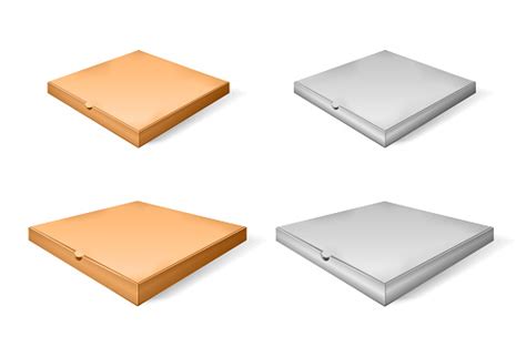 갈색 만화 및 종이 피자 상자 집합입니다 골 판지 상자의 벡터 일러스트입니다 현실적인 3d 투시도 아이소메트릭 피자 절연 폐쇄 3차원 형태에 대한 스톡 벡터 아트 및 기타