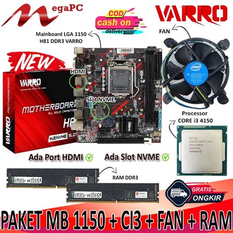 Jual Paket Mainboard 1150 H81 DDR3 VARRO Core I3 4150 4160 FAN